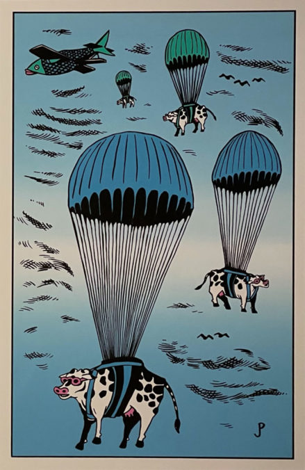 Skydiving Cows, AC Turtles and Cluster Flies by Jim Pollock - Poster Pirate